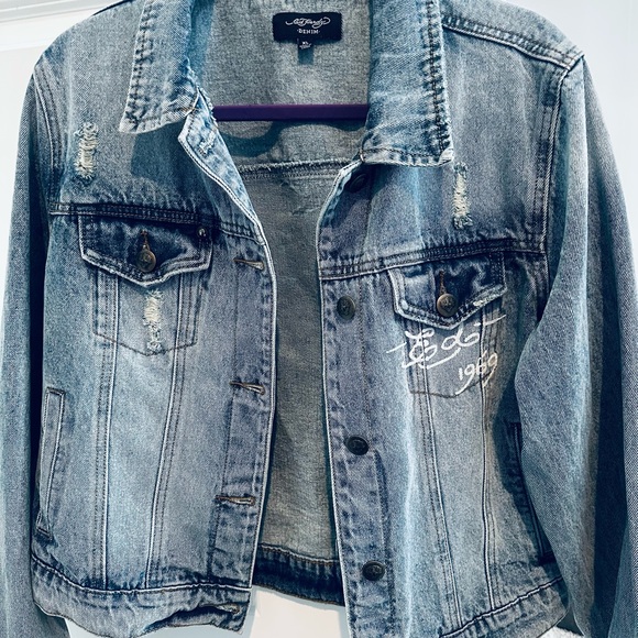 Ed Hardy | Jackets & Coats | Ed Hardy Blue Jean Jacket Distressed ...